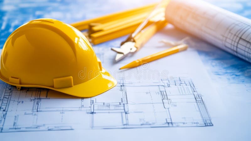 Architectural Blueprint with Hard Hat and Tools Stock Illustration ...