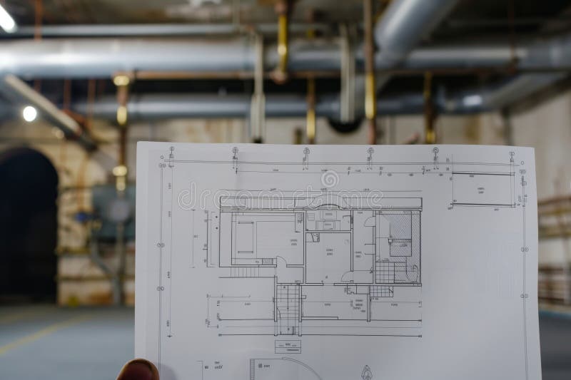 Architectural Blueprint Held in Front of a Pipe View Stock Image ...