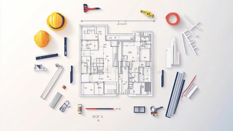 Architectural Blueprint Illustration Surrounded by Construction Tools ...