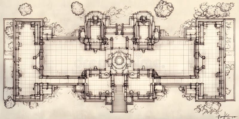 Architectural Blueprint Illustration Symmetrical Building Design Top ...
