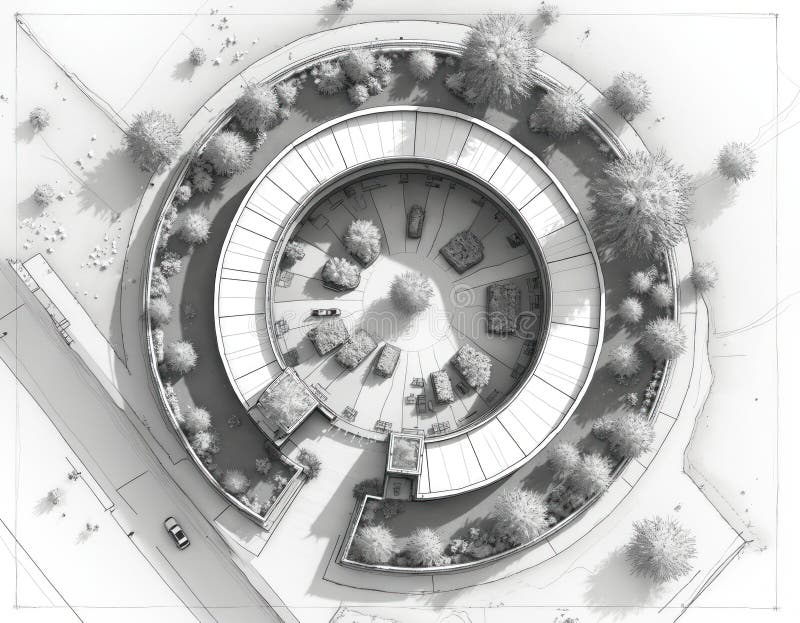 Architectural Blueprint Illustration Top View. Circular Modern Building ...