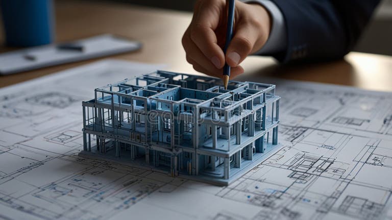Architectural Blueprint and Model Analysis in Progress Stock Illustration - Illustration of ...