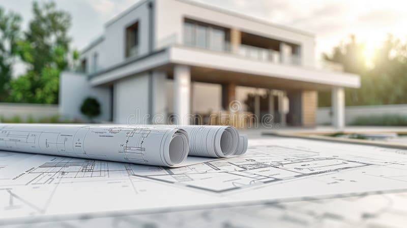 Architectural Blueprint with Modern House in Background. Generative Ai ...