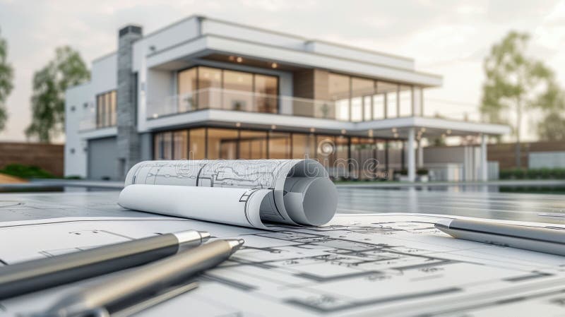 Architectural Blueprint with Modern House in Background. Generative Ai ...