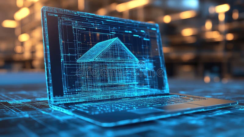 Architectural Blueprint of Modern House on Laptop Screen in ...