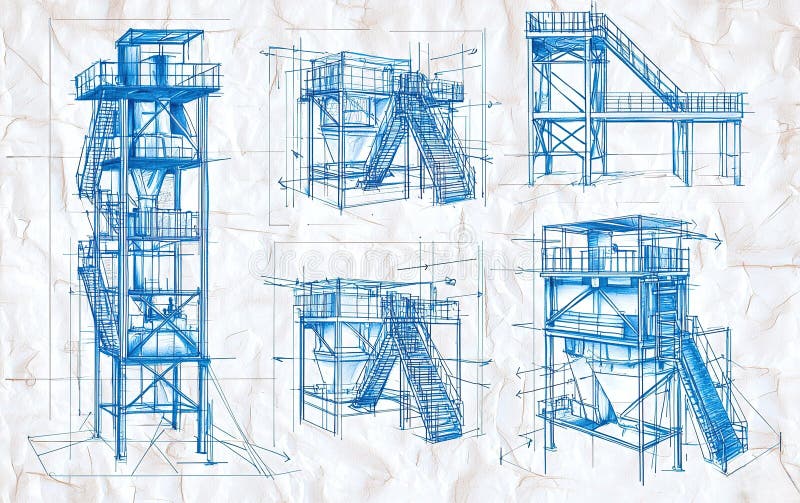 Architectural Blueprint of a Multi-level Observation Tower with Stairs ...