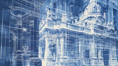 Architectural Blueprint Overlay on Classical Building Design Stock ...