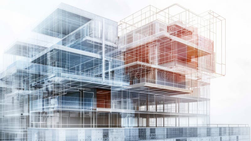 Architectural Blueprint Overlay on Modern Building Stock Image - Image ...