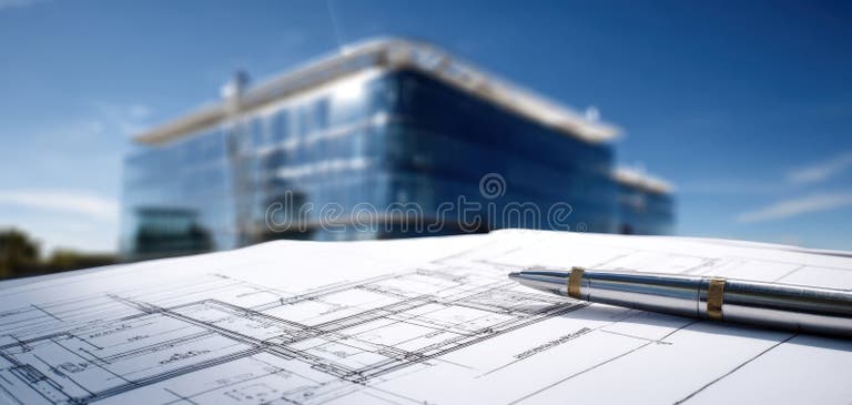 The Architectural Blueprint with a Pen in Front of a Modern Building ...