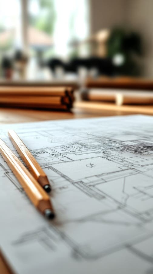 Architectural Blueprint with Pencils on Wooden Desk in Sunlit Studio ...