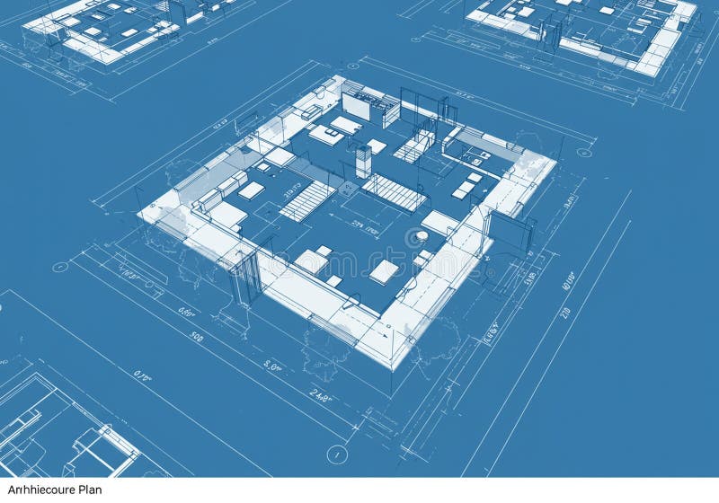 Architectural Blueprint Rendering in Blue and White, Displaying ...