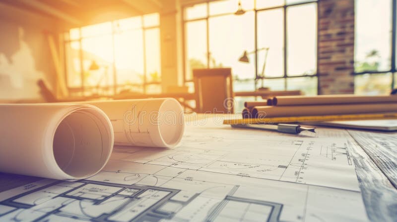 Architectural Blueprint Roll and Technical Project Drawing on Desk for ...