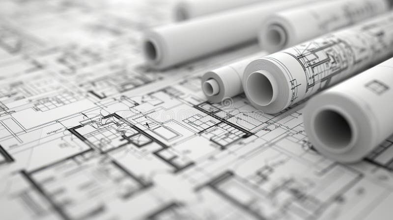Architectural Blueprint with Rolled Plans Stock Illustration ...
