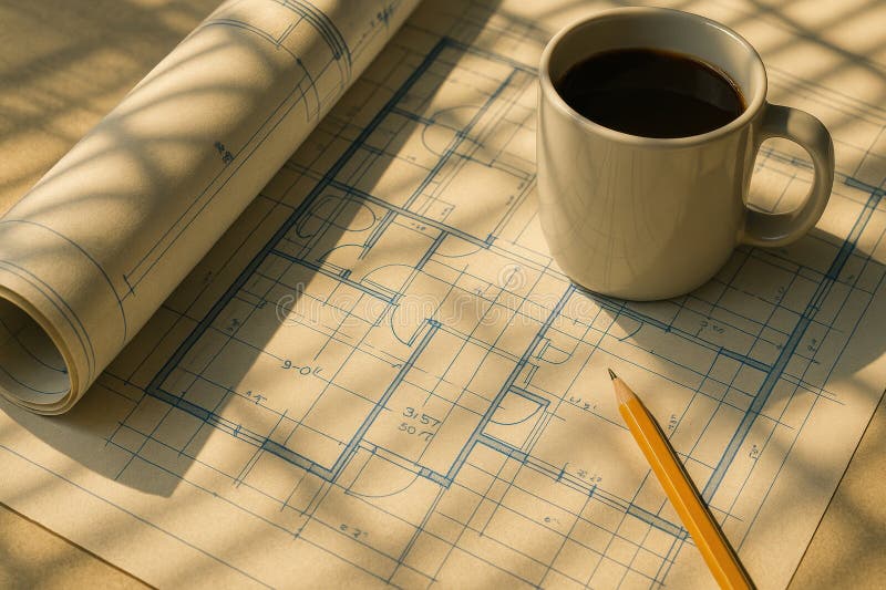 Architectural Blueprint with Rolled Plans, Pencil, and Coffee Cup on ...
