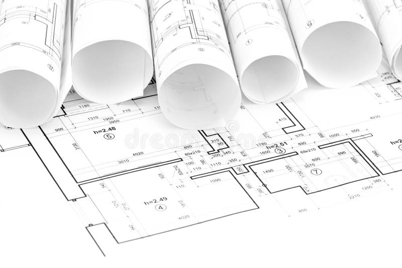 Architects Work Table with Blueprint Rolls and Technical Drawings Stock ...