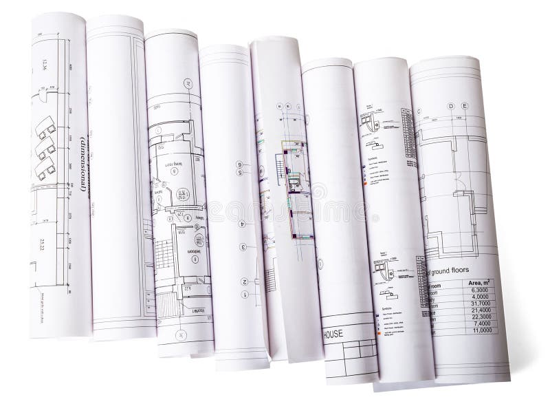 Architectural Blueprint Rolls on White Stock Image - Image of plan ...