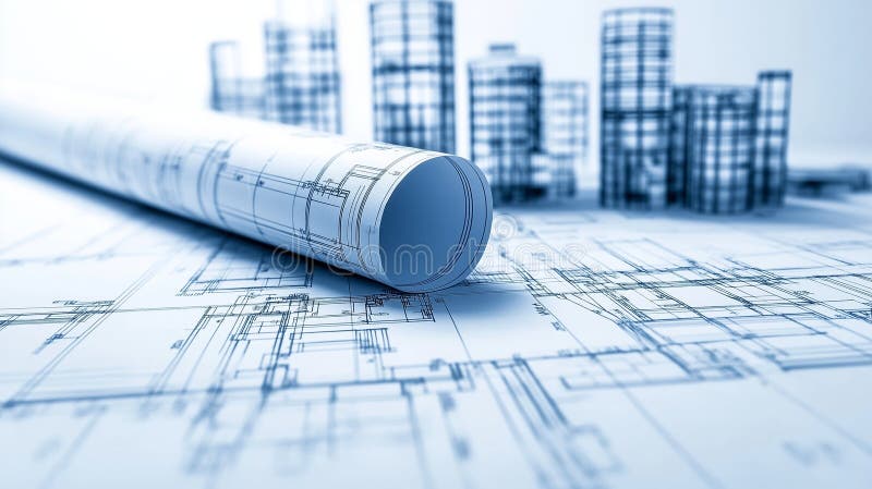 Architectural Blueprint Scroll with Building Design, Depicting ...