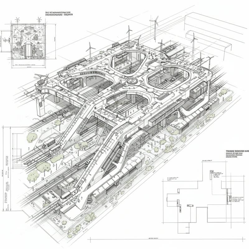 Architectural Blueprint Showcasing a Futuristic Urban Structure with ...
