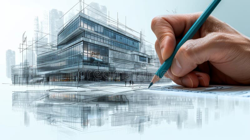 Architectural Blueprint Sketch of a Modern Building, Highlighting ...