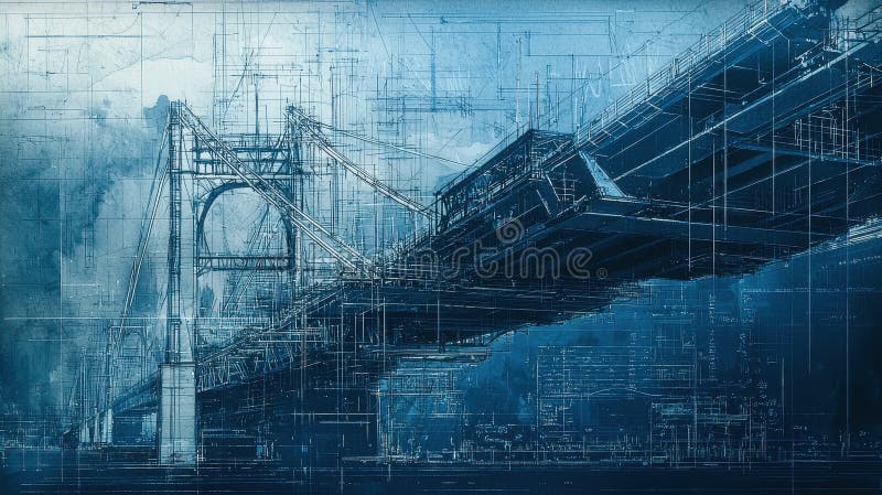 Detailed Architectural Blueprint of a Bridge in 3D Wireframe Style ...