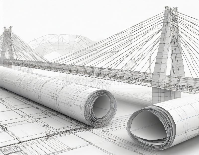 Architectural Blueprint of Suspension Bridge Design Stock Illustration ...