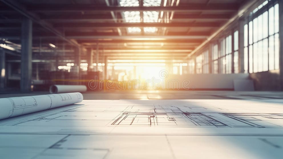 Architectural Blueprint on Table in a Bright Design Studio Environment ...