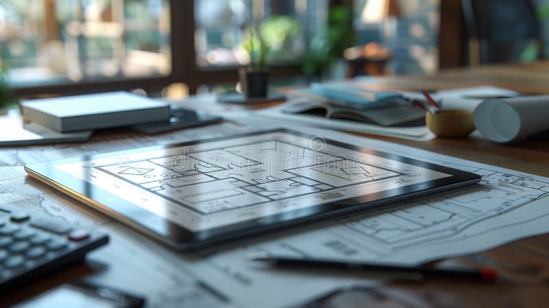 Architectural Blueprint on a Tablet Screen, Positioned on an Office ...