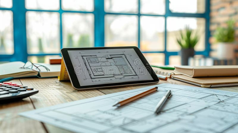Architectural Blueprint on a Tablet Screen, Positioned on an Office ...