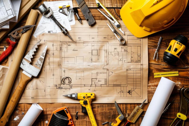 Architectural Blueprint with Tools on Worktable Stock Image - Image of ...