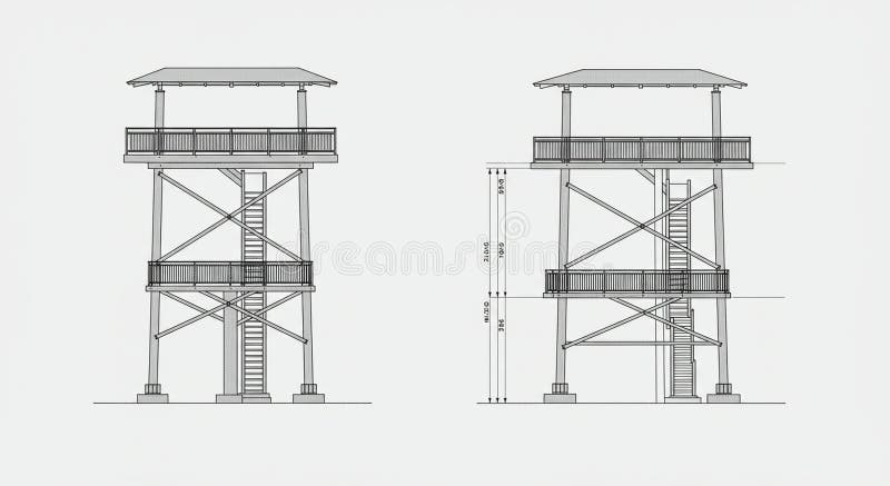 Architectural Blueprint of a Two-level Observation Tower. Features ...