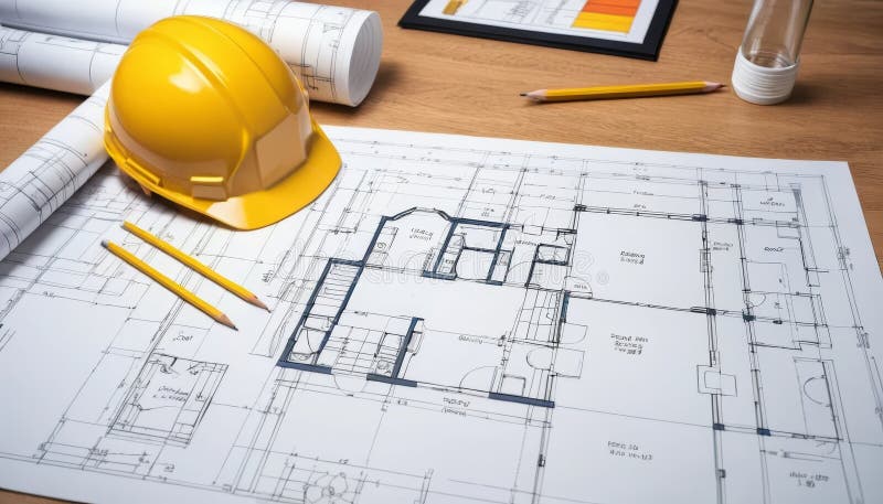 Architectural Blueprint on a Wooden Table with a Yellow Safety Helmet ...