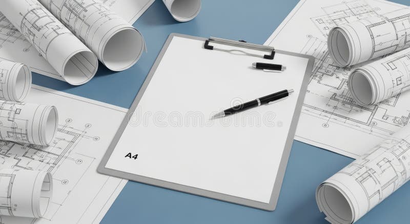 Architectural Blueprints, Blank Clipboard with Pen for Engineering ...