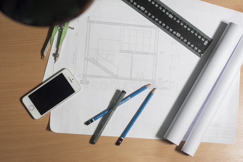 Architectural Blueprints and Blueprint Rolls and a Drawing Instruments ...
