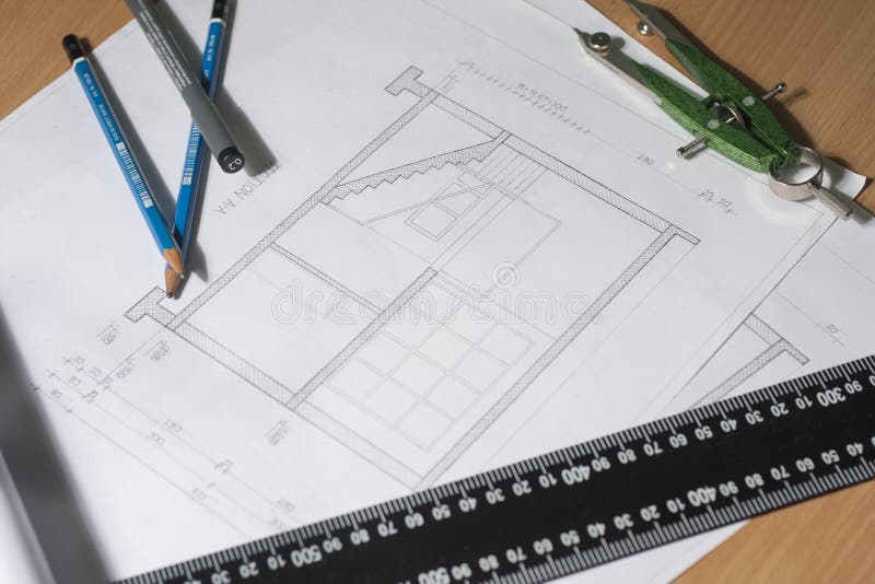 Architectural Blueprints and Blueprint Rolls and a Drawing Instruments ...