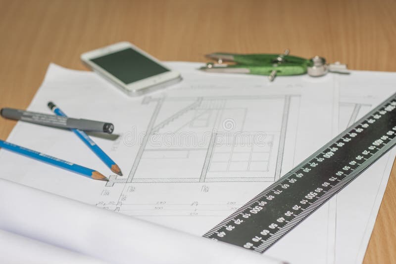 Architectural Blueprints and Blueprint Rolls and a Drawing Instruments ...