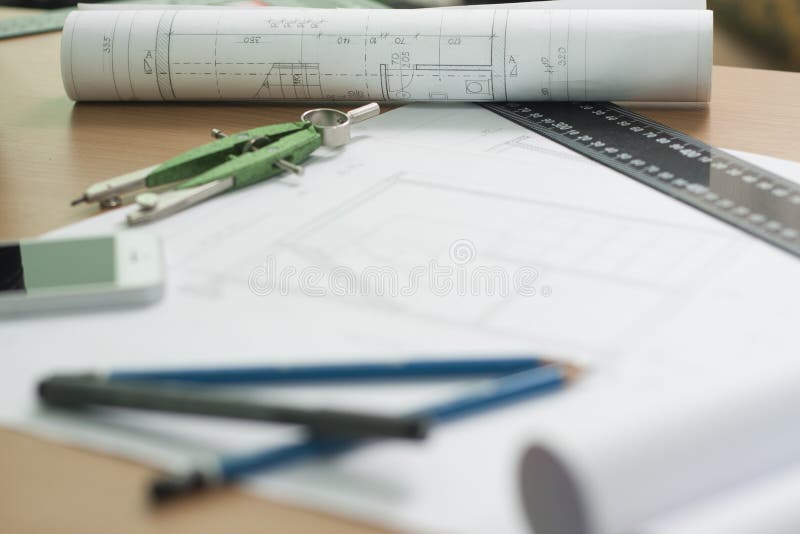 Architectural Blueprints and Blueprint Rolls and a Drawing Instruments ...