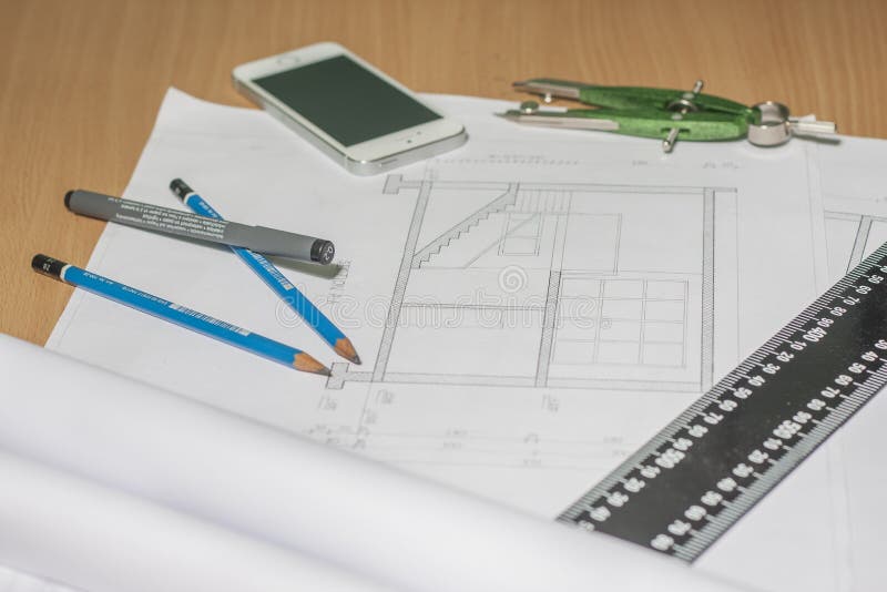 Architectural Blueprints and Blueprint Rolls and a Drawing Instruments ...