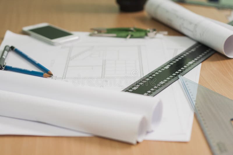 Architectural Blueprints and Blueprint Rolls and a Drawing Instruments ...