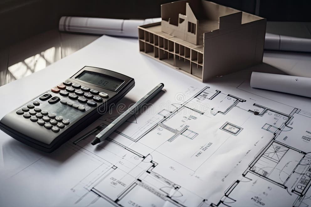 Architectural Blueprints, Calculator and House Model on Table ...