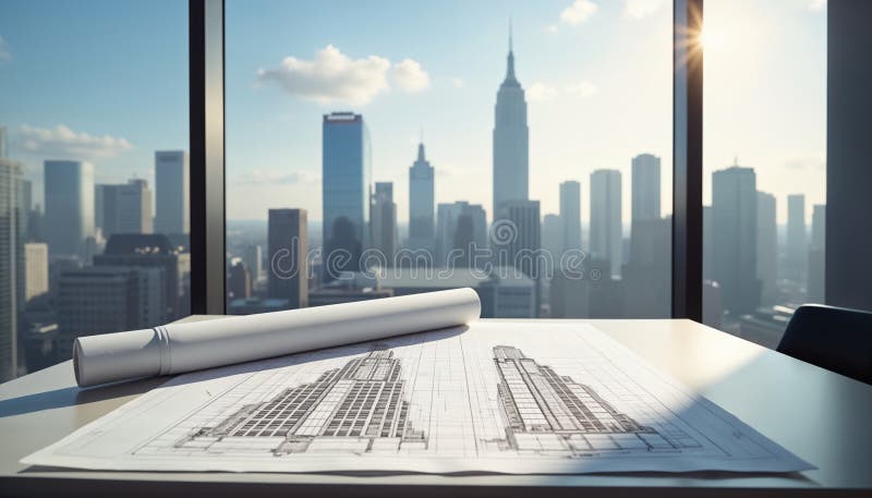 Architectural Blueprints with a City Skyline View Stock Illustration ...
