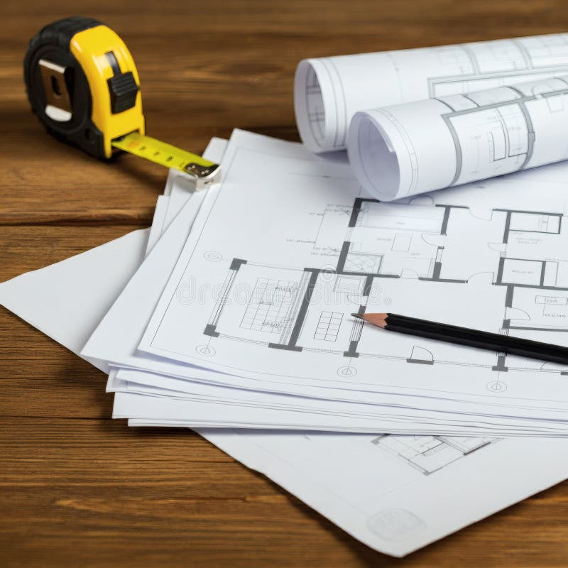 Architectural Blueprints and Design Plans with Measuring Tape and ...