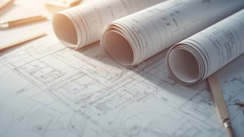 Architectural Blueprints and Design Plans Rolled Up on a Table ...