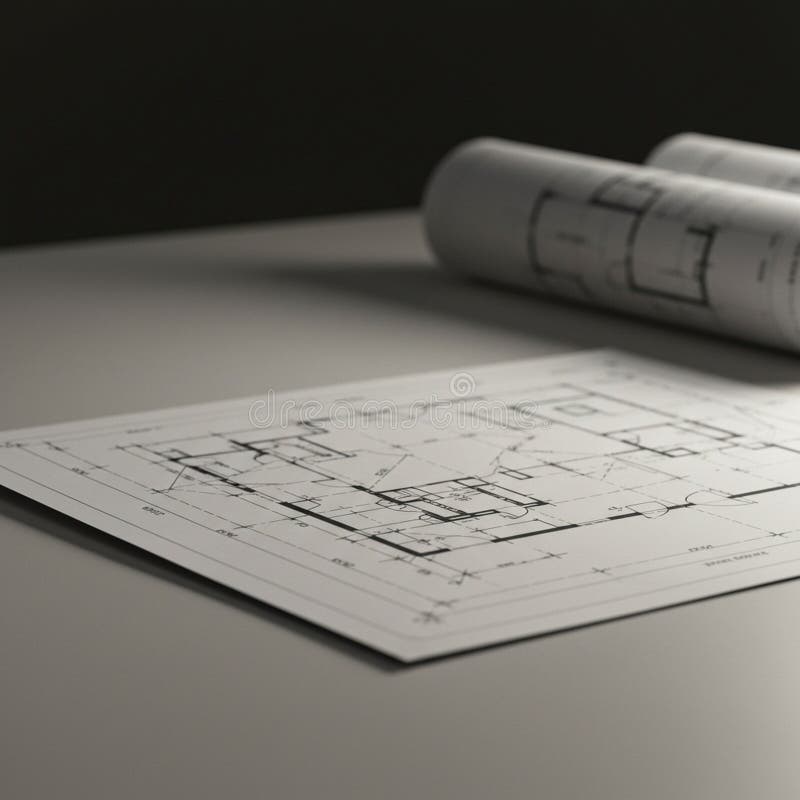 Architectural Blueprints on a Desk Include a Detailed Floor Plan with ...