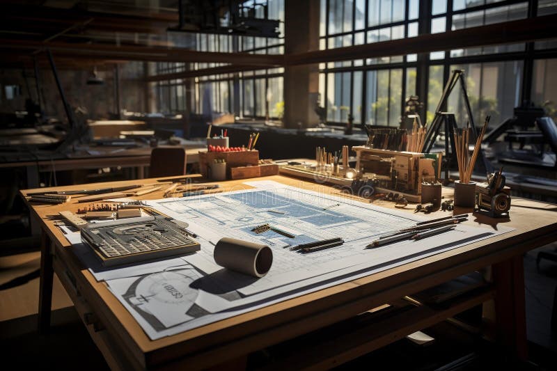 Architectural Blueprints and Drafting Tools on a Clean Wooden Table in ...
