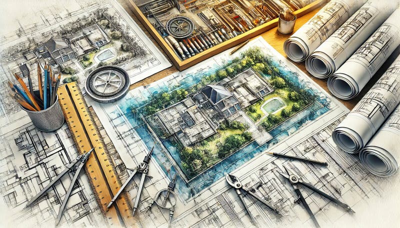 Architectural Blueprints and Drawing Tools on Desk Stock Illustration - Illustration of design ...