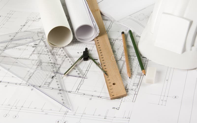 Architectural Blueprints and Drawing Tools Stock Image - Image of civil ...