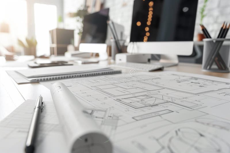 Architectural Blueprints and Drawing Tools on Wooden Workshop Table in ...