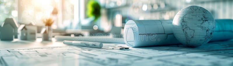 Architectural Blueprints and Globe on a Desk, Representing Global Construction and Design ...