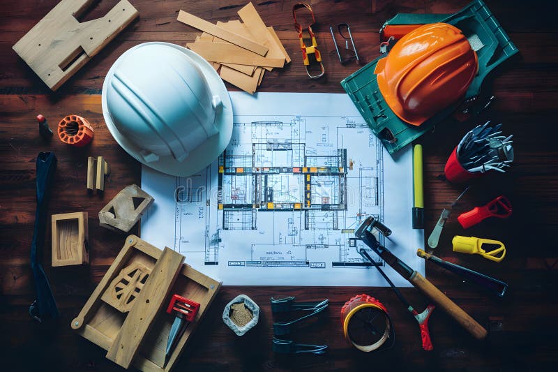 Architectural Blueprints with Hard Hat, Workspace with Construction ...