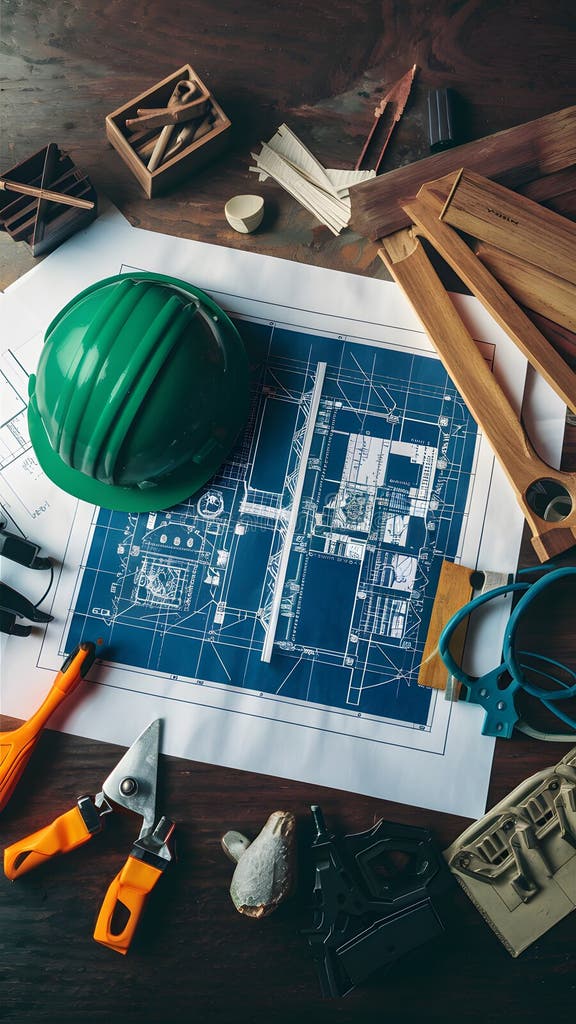 Architectural Blueprints with Hard Hat, Workspace with Construction ...